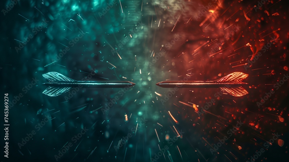Digital art of two neon glowing arrows in red and blue colliding amidst ...