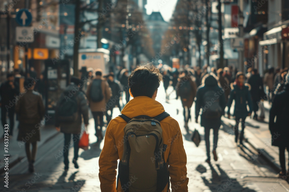 Depressed sad person surrounded by people walking in busy street. Panic ...