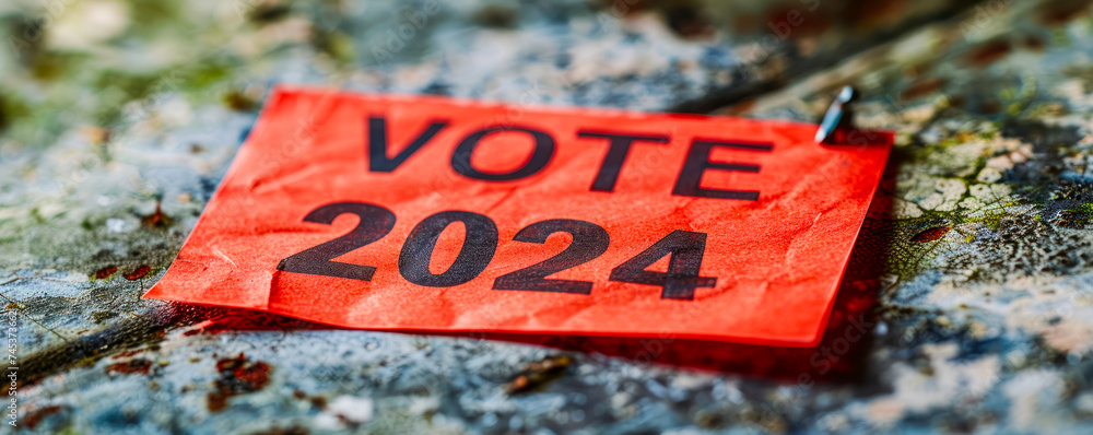 Red sticky note with VOTE 2024 text isolated on a light background ...