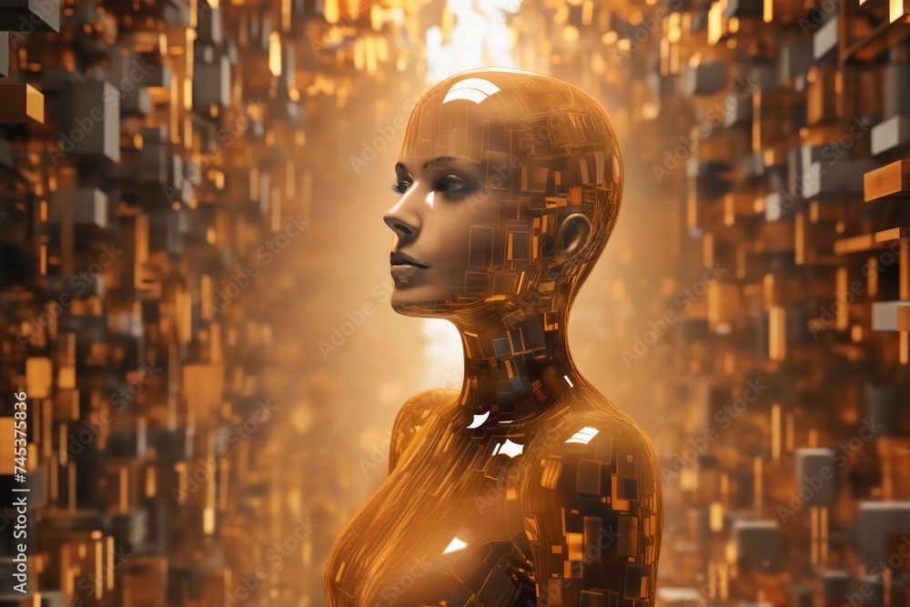 woman biorobot portrait with 3D particles and golden background as ...