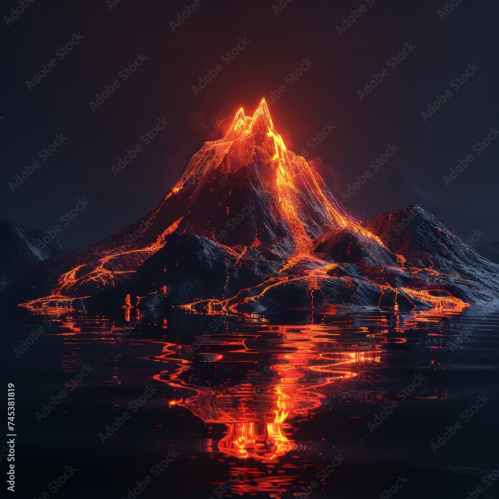 Virtual volcano, nodes as lava glowing red, mirrored eruption casting light on a dark world ...