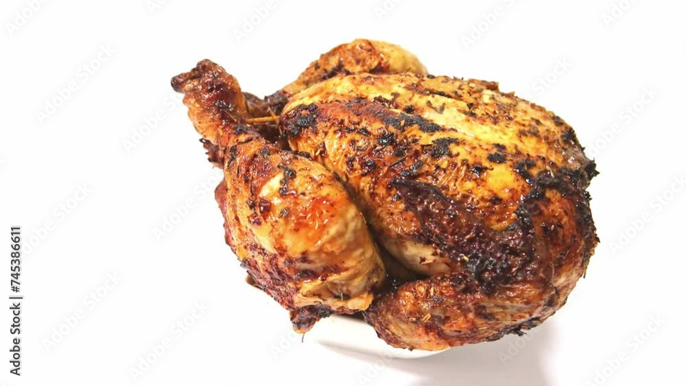 Vidéo Stock A whole roast chicken, rotating. Isolated on a white ...
