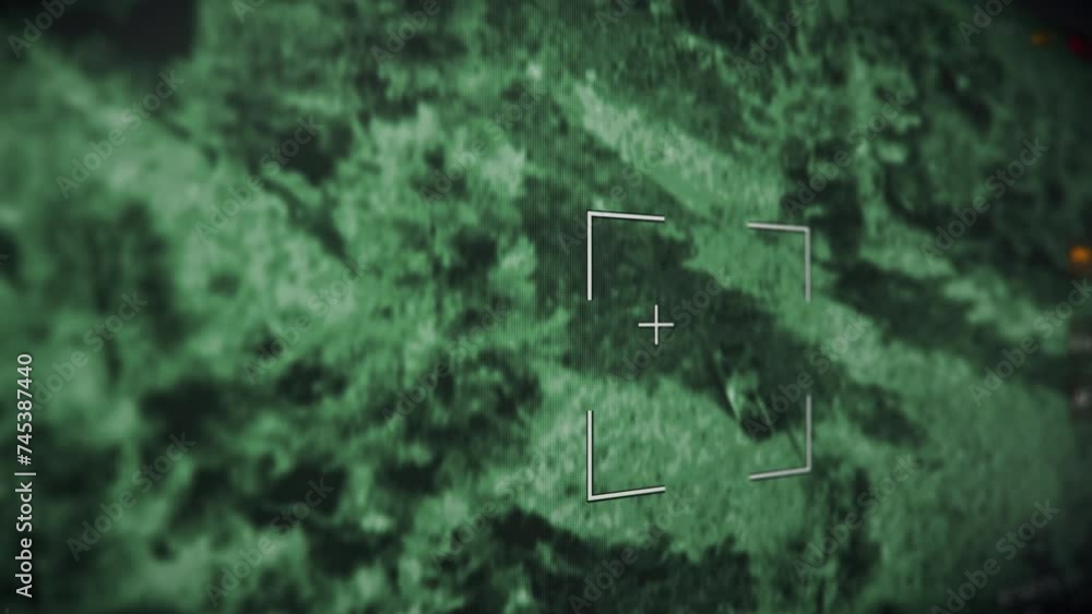 Night vision military rocket weapon radar patrolling the forest. Night ...