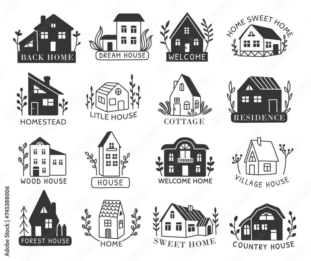 Hand drawn home emblems. Cottage, farmhouse and residence houses for ...