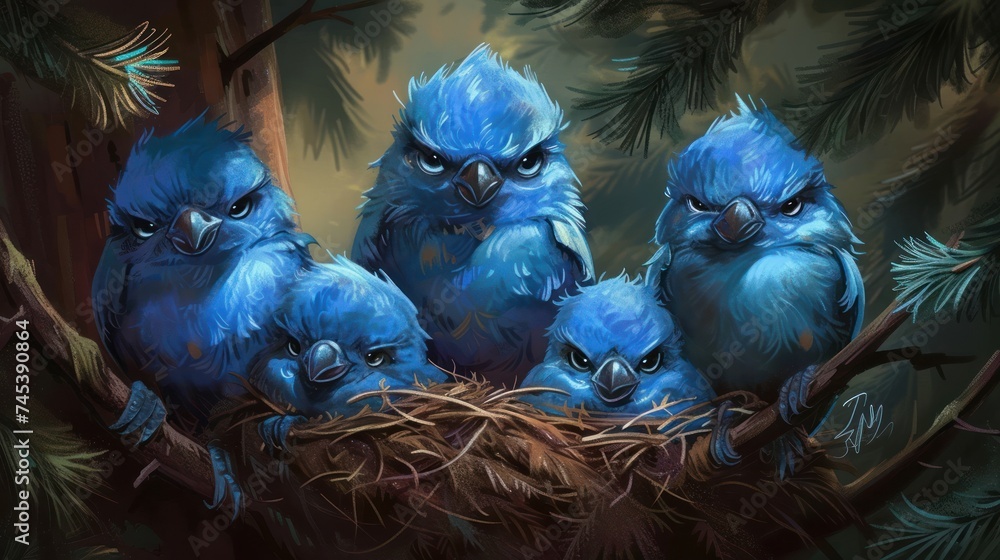a painting of three blue birds sitting on top of a nest in a pine tree ...