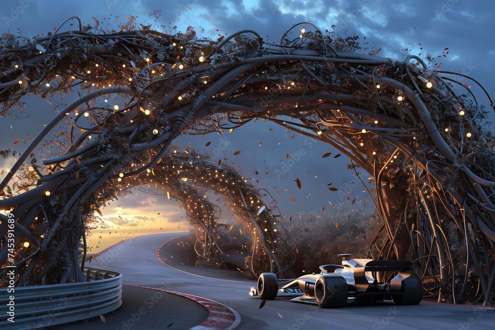 A state-of-the-art Formula 1 car passing under an archway of ...