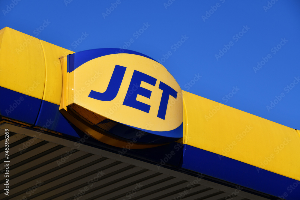Hamburg, Germany - September 15, 2023: Jet logo in front of a gas ...