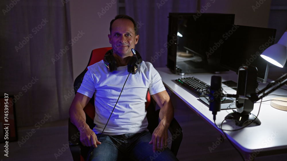 Confident middle age man streamer smiling radiantly in his gaming room ...