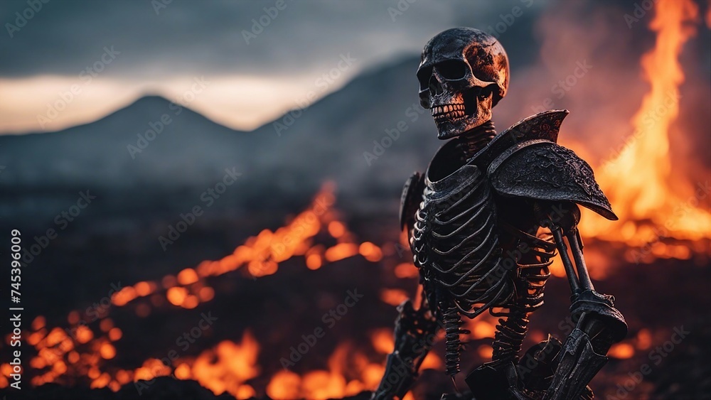 fire in the forest Burning dragon demon skeleton knight over volcano ...