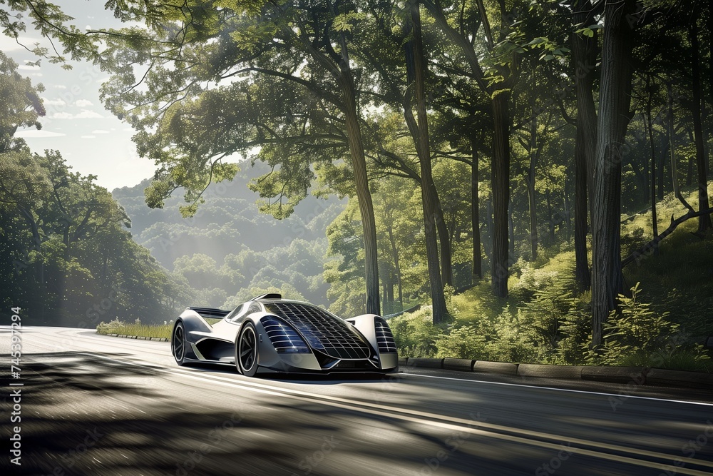 An aerodynamic supercar with solar panel accents driving on a scenic ...