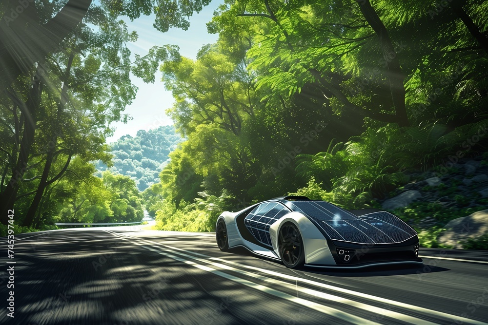 An aerodynamic supercar with solar panel accents driving on a scenic ...