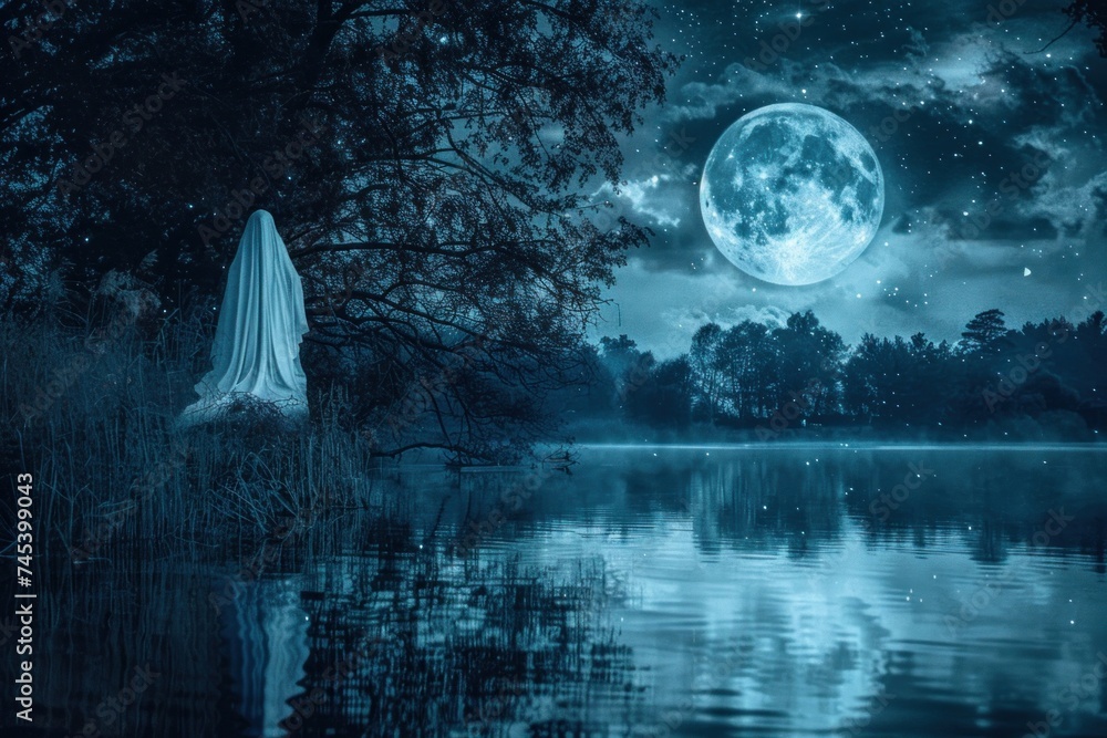 Ethereal figure shrouded in white standing by a moonlit lake under a large full moon and starry ...