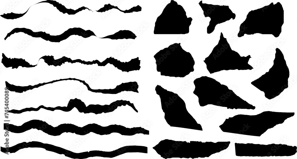 Collection of torn paper pieces. Black square frames with Irregular ...