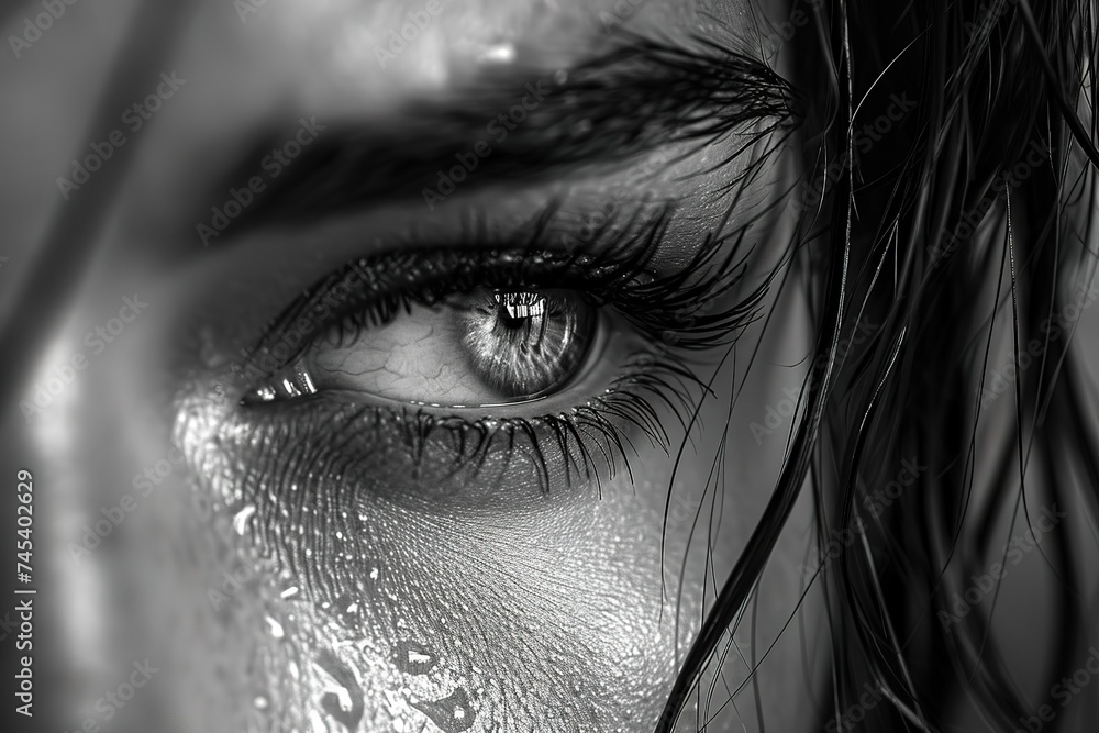 Tears on eyes. Open expressive look eyes with teardrop on the eyelashes ...