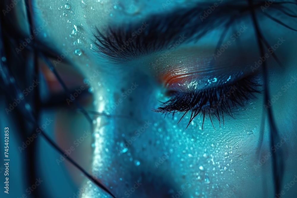 Sad woman concept - closed eyelid closeup with a teardrop on eyelashes ...