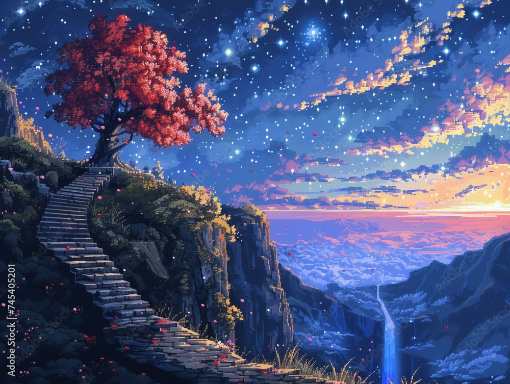 An 8-bit adventure under a vivid starfall, the landscape alive with ...