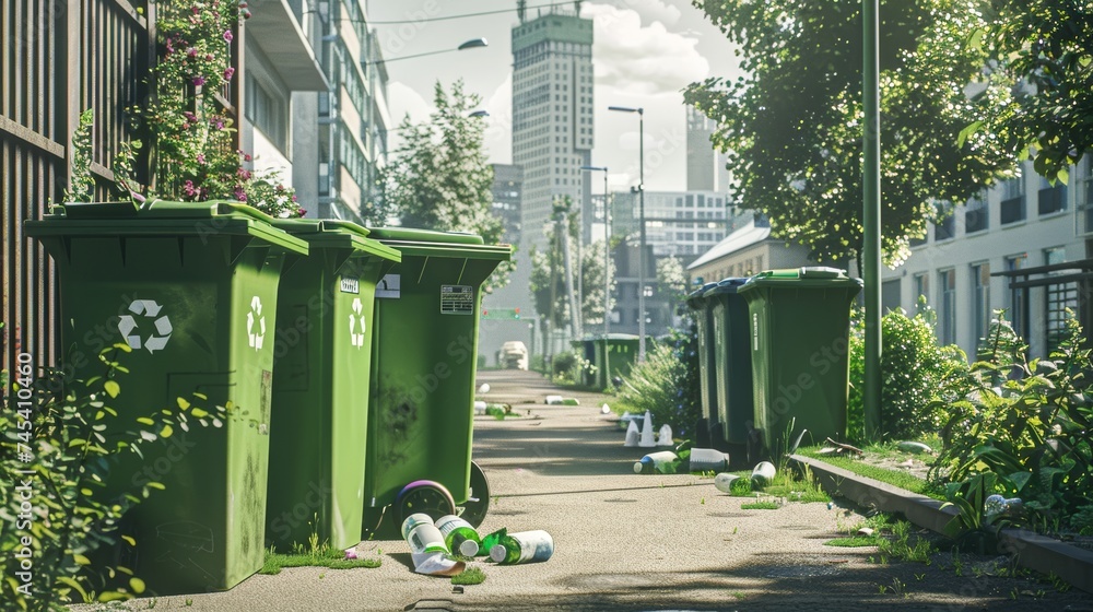 An urban scene depicting green recycling bins and litter carelessly ...