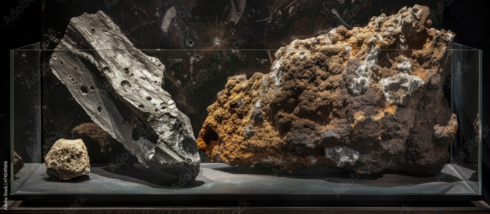 Two rocks, a meteorite chondrite, and mocs are showcased in a glass ...