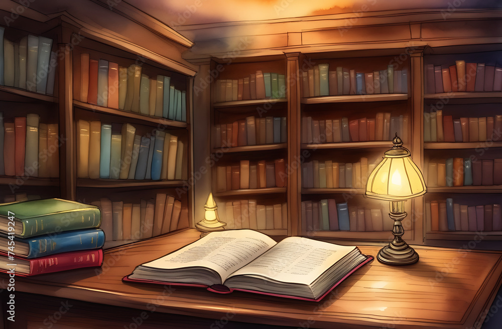 cartoon illustration, Book in library with open textbook on table, on ...