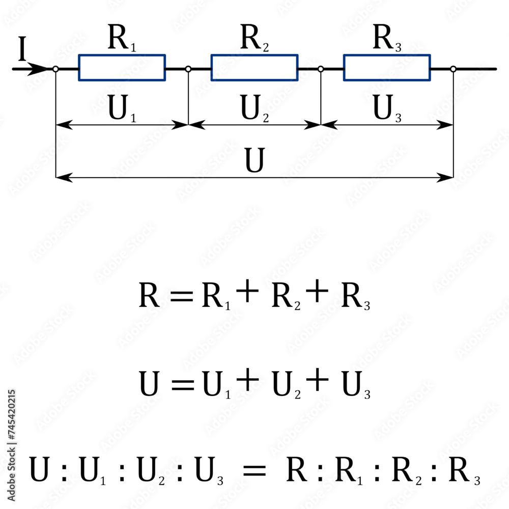 Diagram of the series connection of three resistors, expression of ...