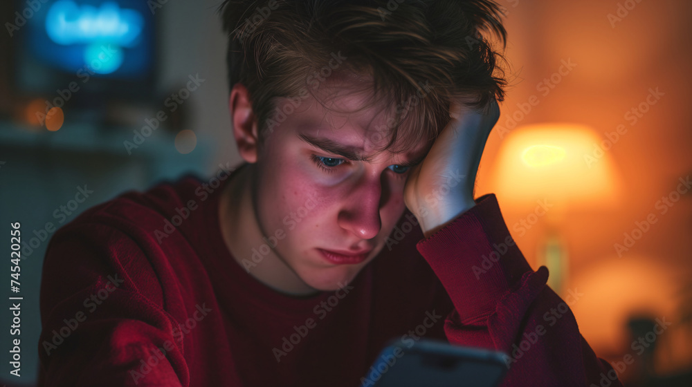 Teenager boy checking his phone with a focused and worried expression ...
