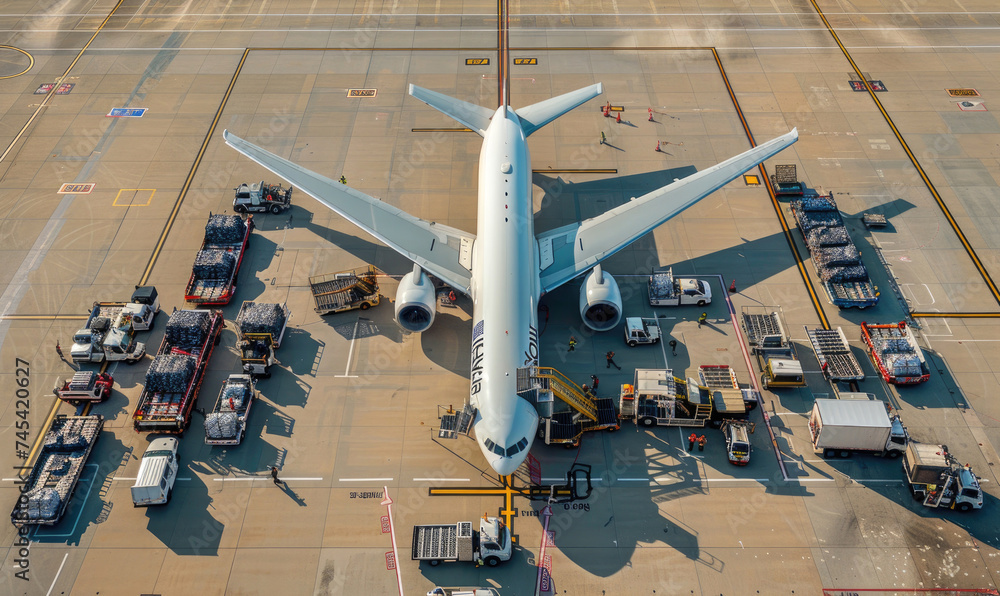 Airport. Ground support vehicles surrounding an airplane. Baggage carts ...