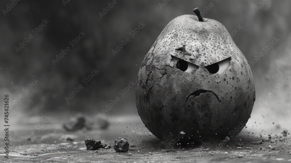 a black and white photo of an apple with a sad face drawn on it's face ...
