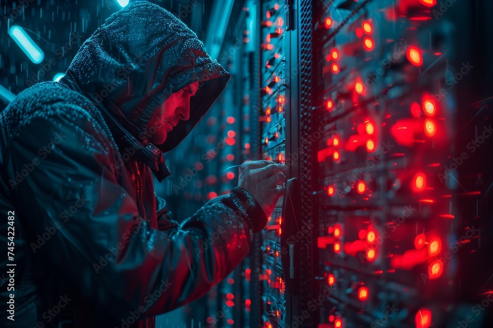 Cybersecurity Breach: Hacker Stealing Data with USB Drive in Server Room Stock-Illustration ...