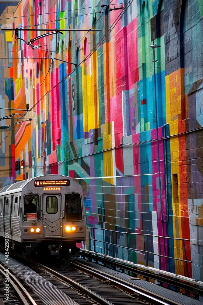 Foto de A subway train is seen passing swiftly by a vibrant and ...