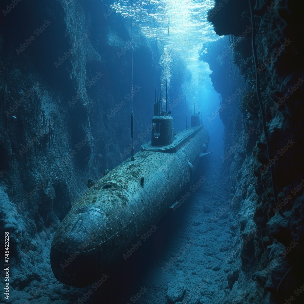 Military submarines dive at the bottom of sea trenches traveling the ...