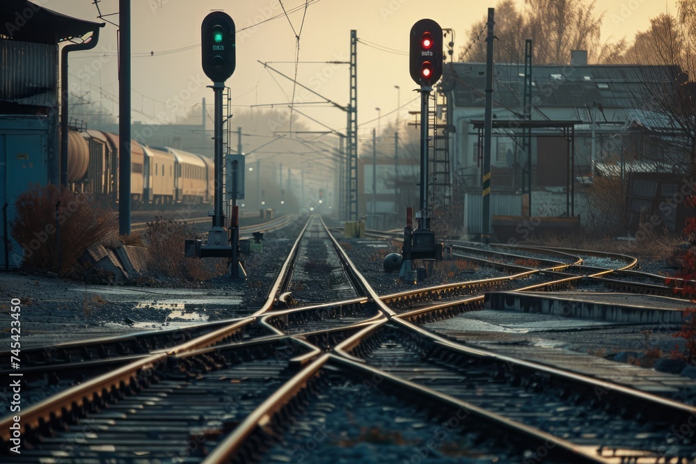 A train track stretching into the distance with a green light shining ...