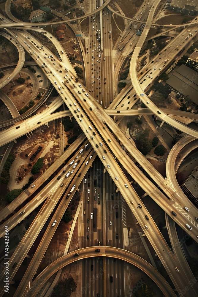 An overhead view of a complex highway intersection with multiple lanes ...