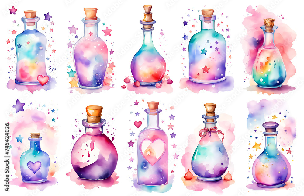 Collection of vial with magical potion. Watercolor illustration set ...