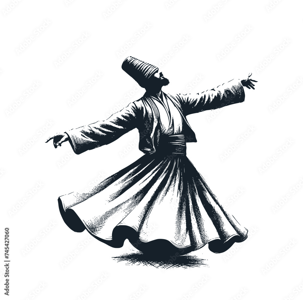 The Sufi dancers on stage. Black white vector illustration. Stock ...
