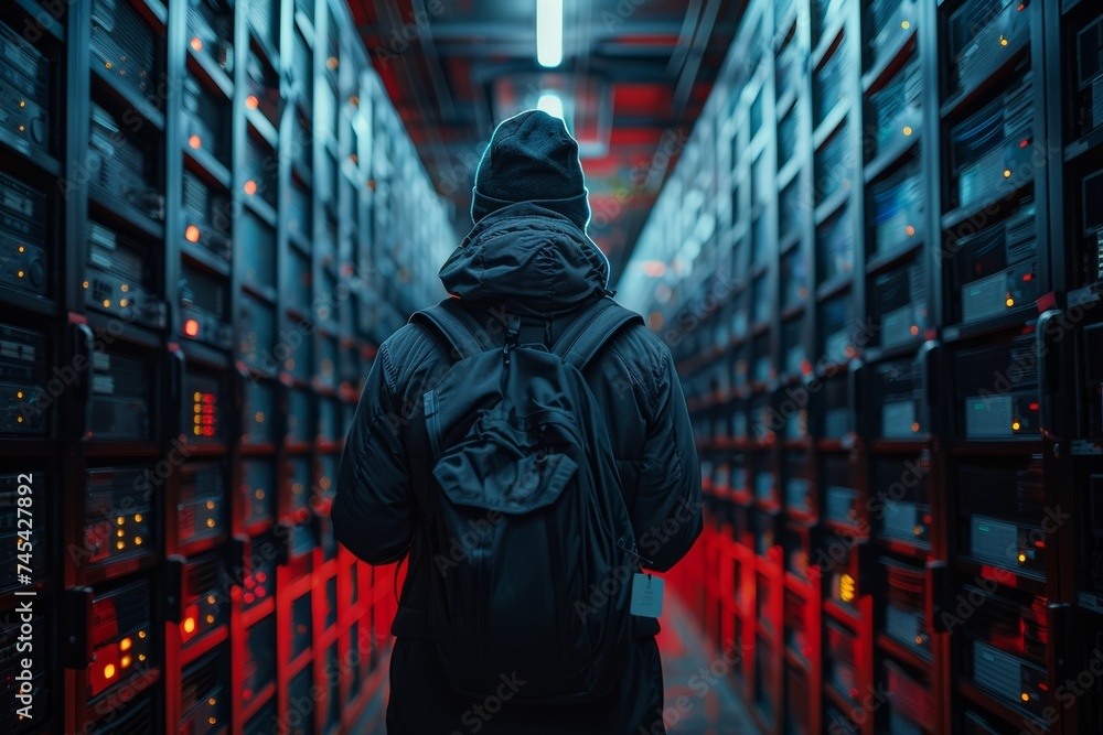 Unauthorized Access: Man in Black Jacket Entering Data Center Stock ...