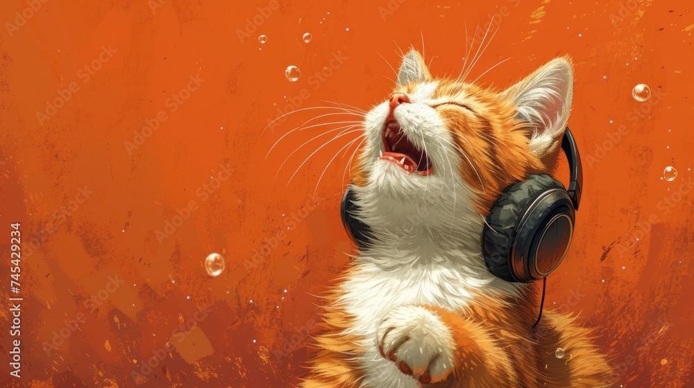 a cat with its mouth open and headphones on, with its mouth wide open ...