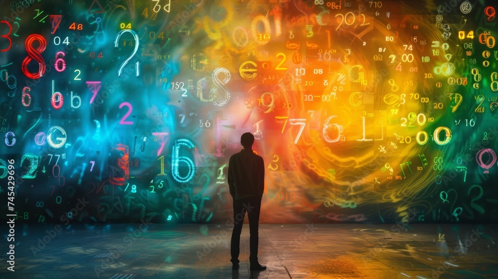 A lonely male figure, among the chaos of numbers and data. Huge space ...