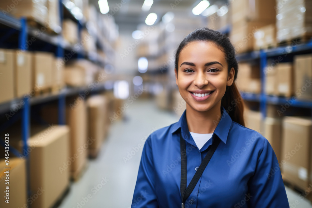A content warehouse female operative smiles in bustling logistics ...