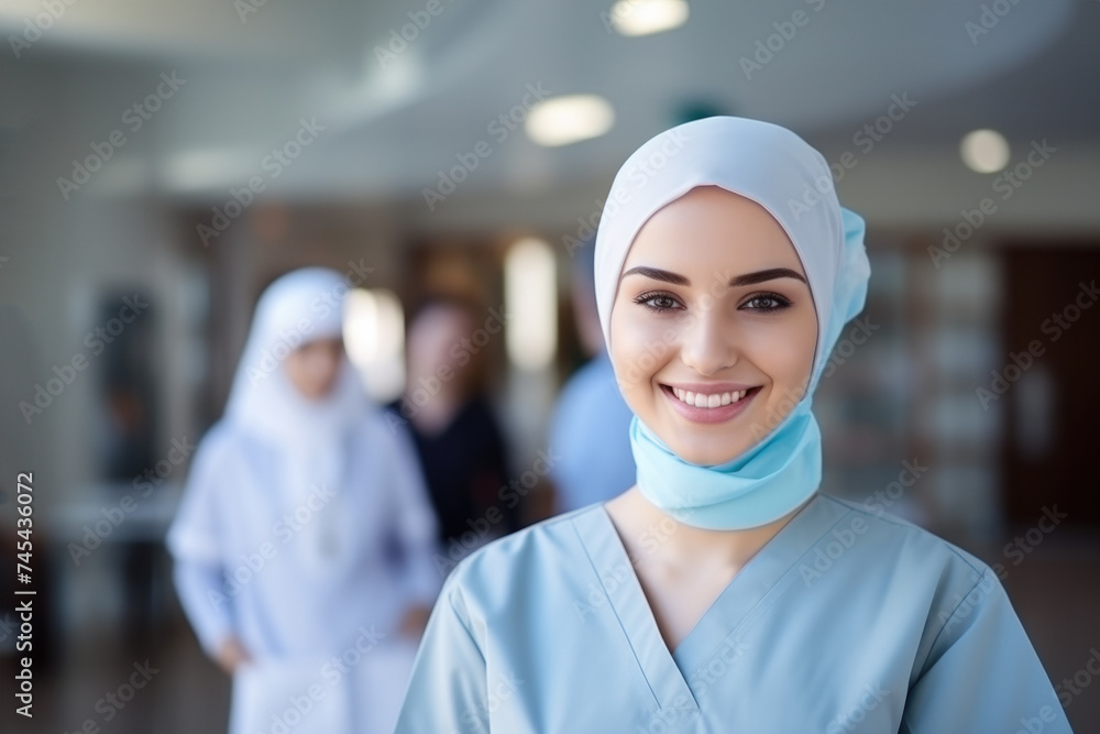 Smiling muslim nurse in hijab in hospital corridor, compassionate care ...