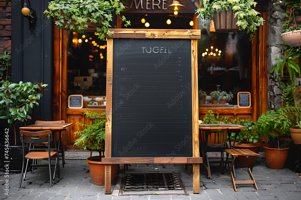 Blank blackboard restaurant shop sign or menu boards near the entrance ...