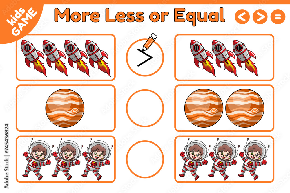 More, less or equal. Space math game for education children school ...