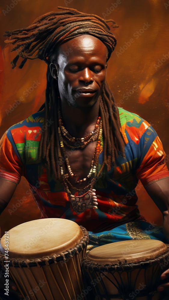 African musician playing traditional drums. Drummer in colorful attire ...