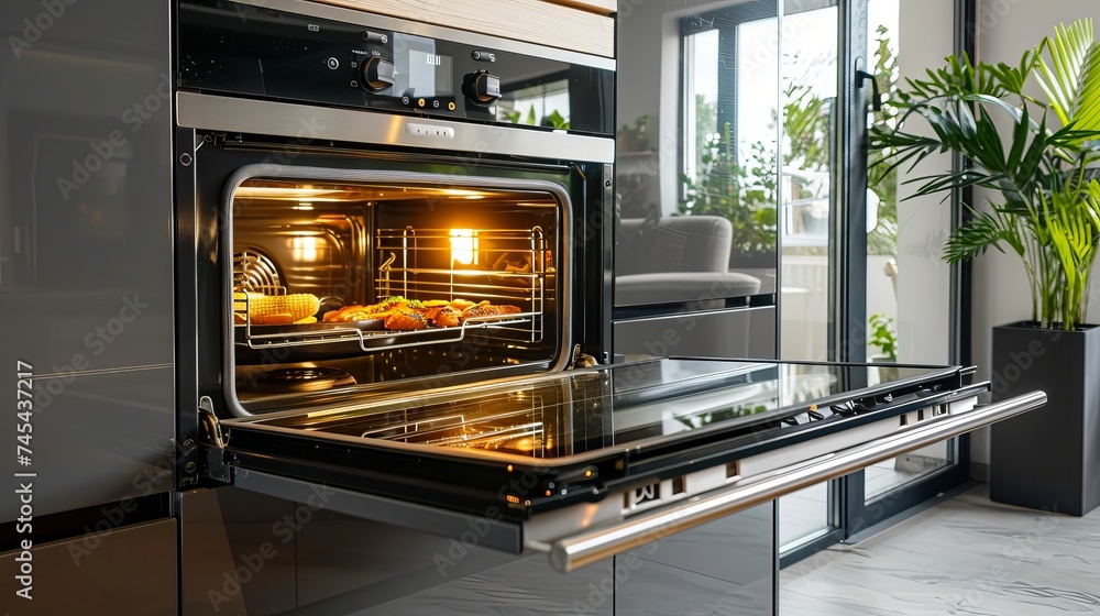 An open modern oven is seamlessly integrated into the built-in kitchen ...