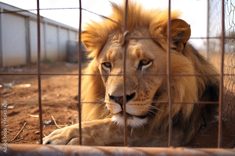 Lion locked in cage. Lonely lion in captivity behind a fence with sad ...