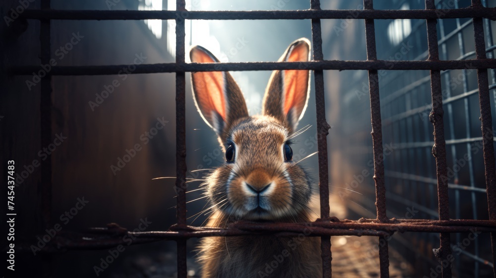 Rabbit locked in cage. Lonely bunny in captivity behind a fence with ...
