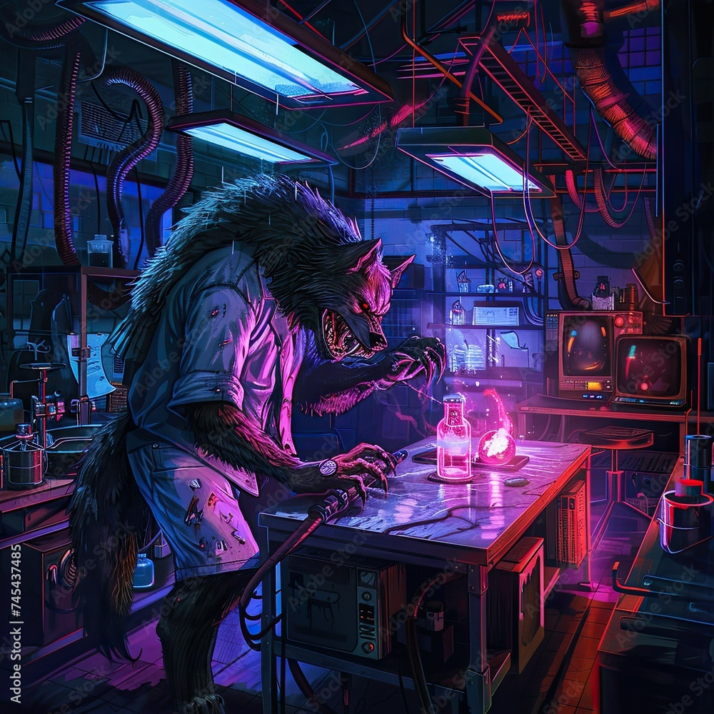 In a neon-lit lab, a werewolf uses ancient magic to interact with retro ...