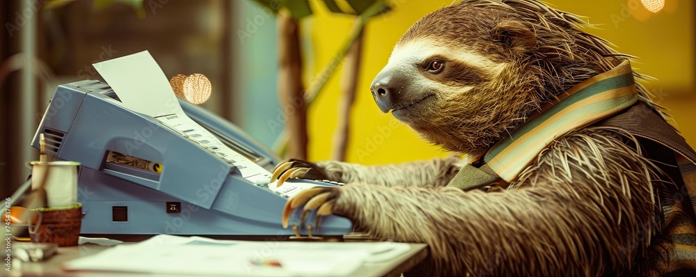 A sloth in a 90s accountant outfit, working late, photocopying ...