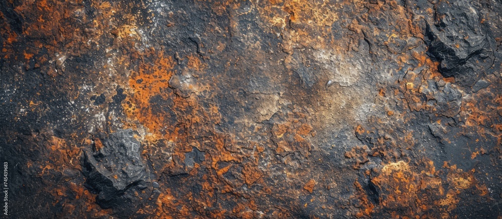 This close-up shows a damaged metal surface covered in rust. The ...
