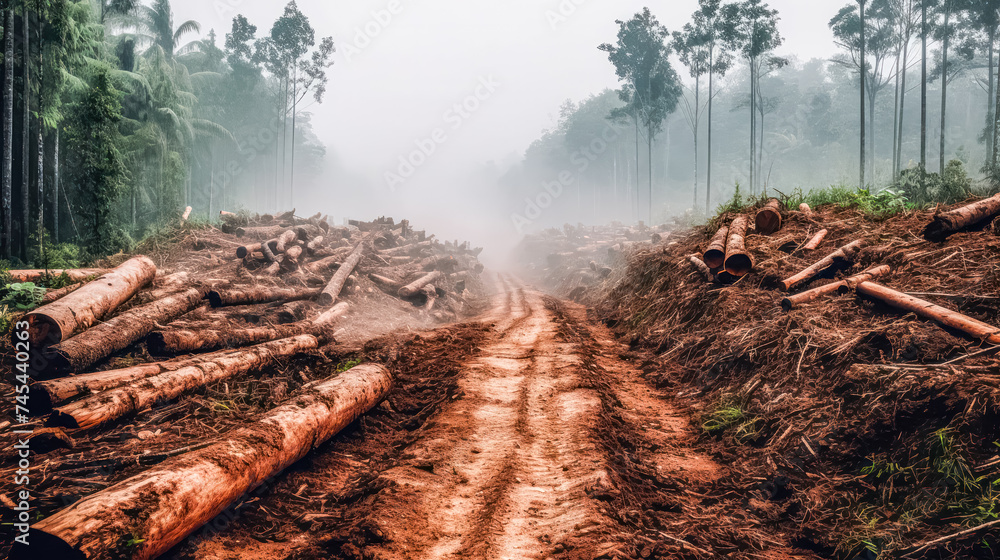 Deciduous forests devastated by deforestation, portraying the ...