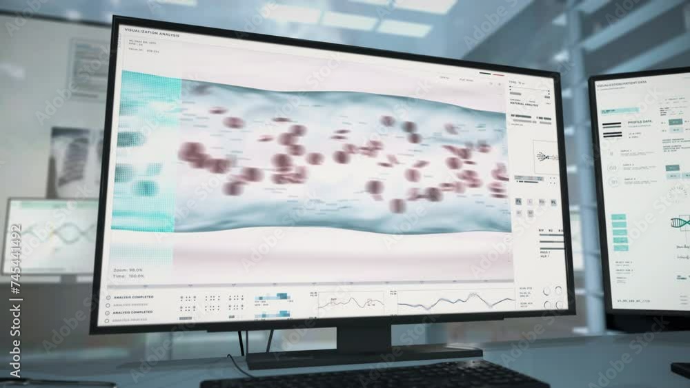 Medical analysis of the blood cells at the laboratory. Medical software ...